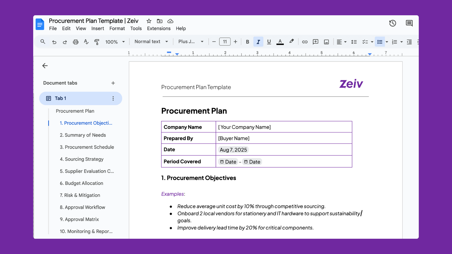 Free Procurement Plan Template Downloadable